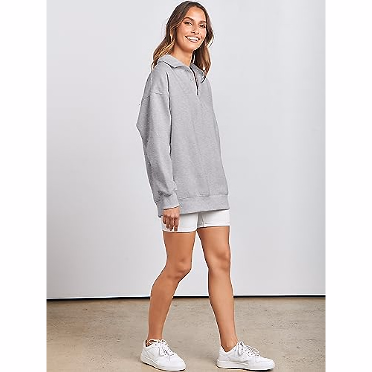 Caracilia Womens Oversized Sweatshirts Fleece Cute Pullover Long Sleeve Dressy Casual Shirts Comfy Hoodie Fall Tops Lightweight Buttons Down Sweatshirt 2023 Fashion Clothes C113A8-huahui-L Grey