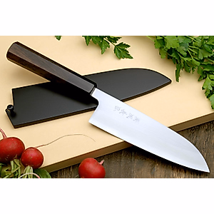 Yoshihiro White Steel #1 Stainless Clad Japanese Santoku Multipurpose Chef Knife with Rosewood Handle (6.5"(165mm) & Saya Cover)