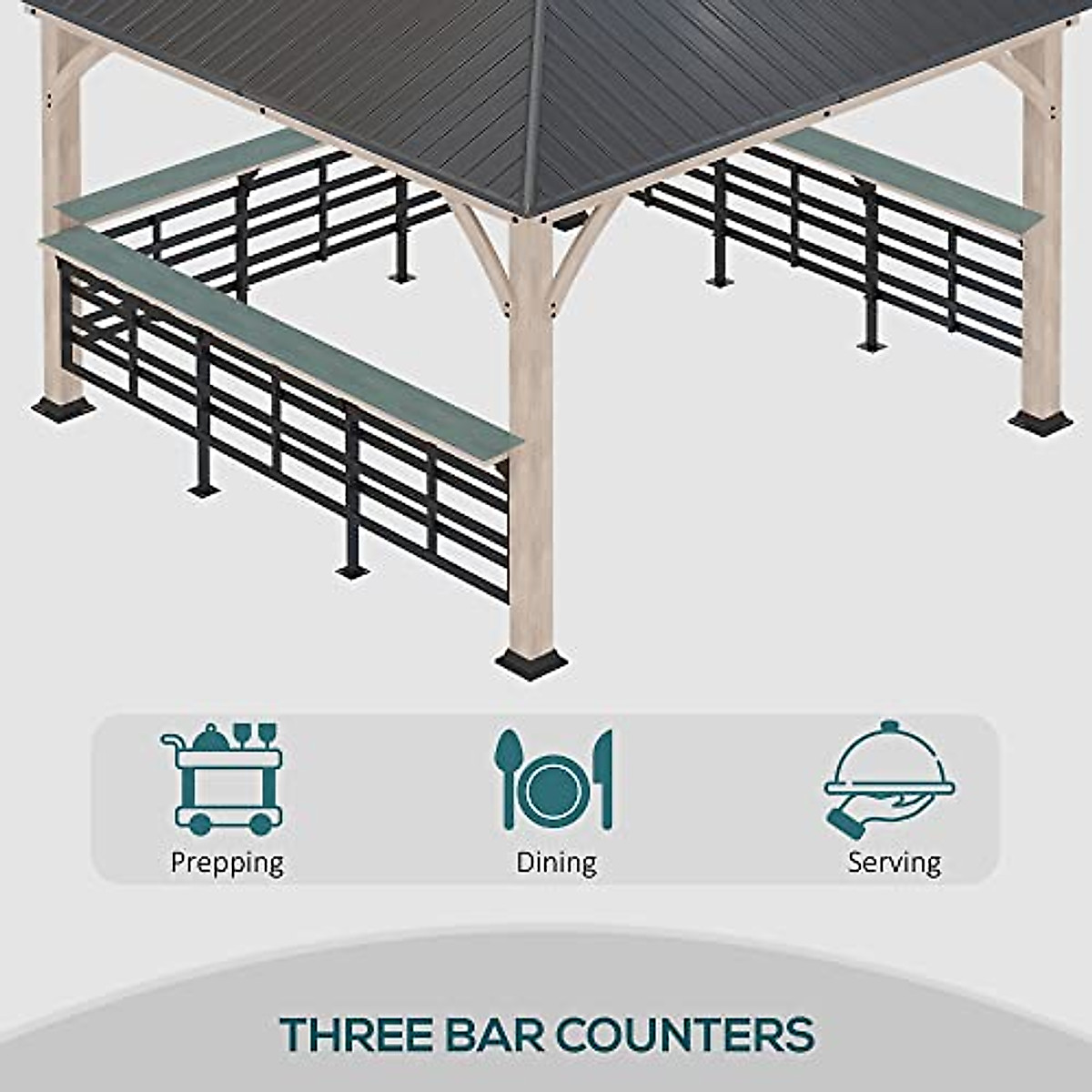 Outsunny 11' x 11' Hardtop Gazebo with Metal & Acrylic Combined Roof, Wood Frame, Permanent Pavilion Grill Gazebo with Bar Counters, Ceiling Hook, for Patio, Garden, Backyard, Deck, Lawn