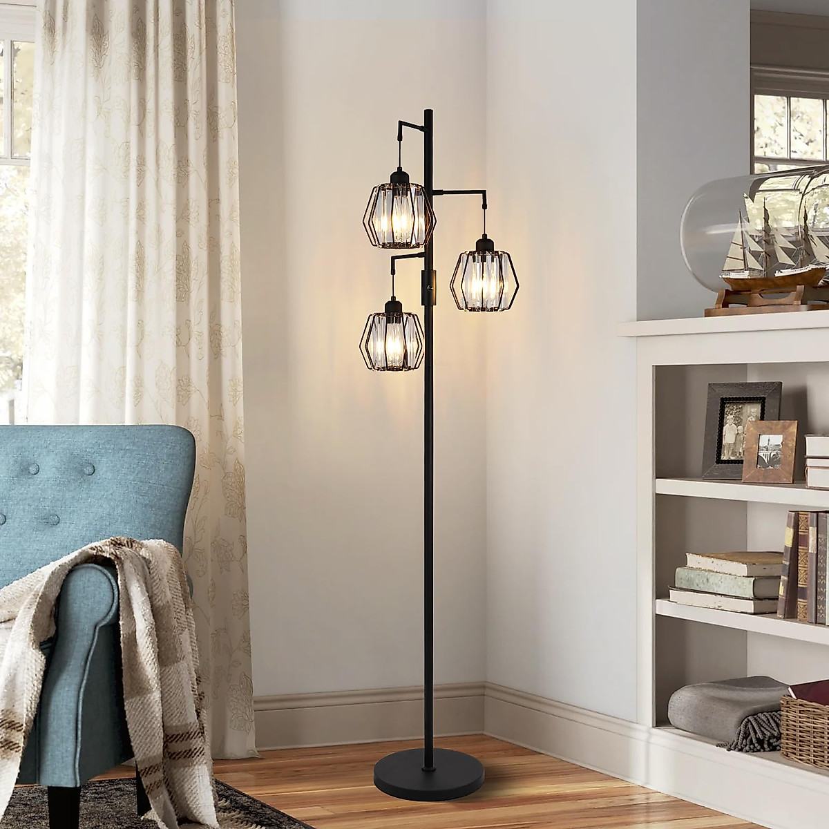 Loiogohot Floor Lamp,Industrial Floor Lamp for Living Room,Farmhouse Floor Lamp,Dimmable Floor Lamp 3-Light Crystal Standing Light,Rustic Tall Tree Reading Lamps for Bedroom,Office,Dining Room