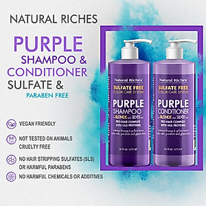 Natural Riches Purple Shampoo and Conditioner Set Sulfate Free Salon Grade for Silver Blonde Platinum Hair. Removes Yellow & Brass tones. Grey Highlighted Hair 16x2 fl oz