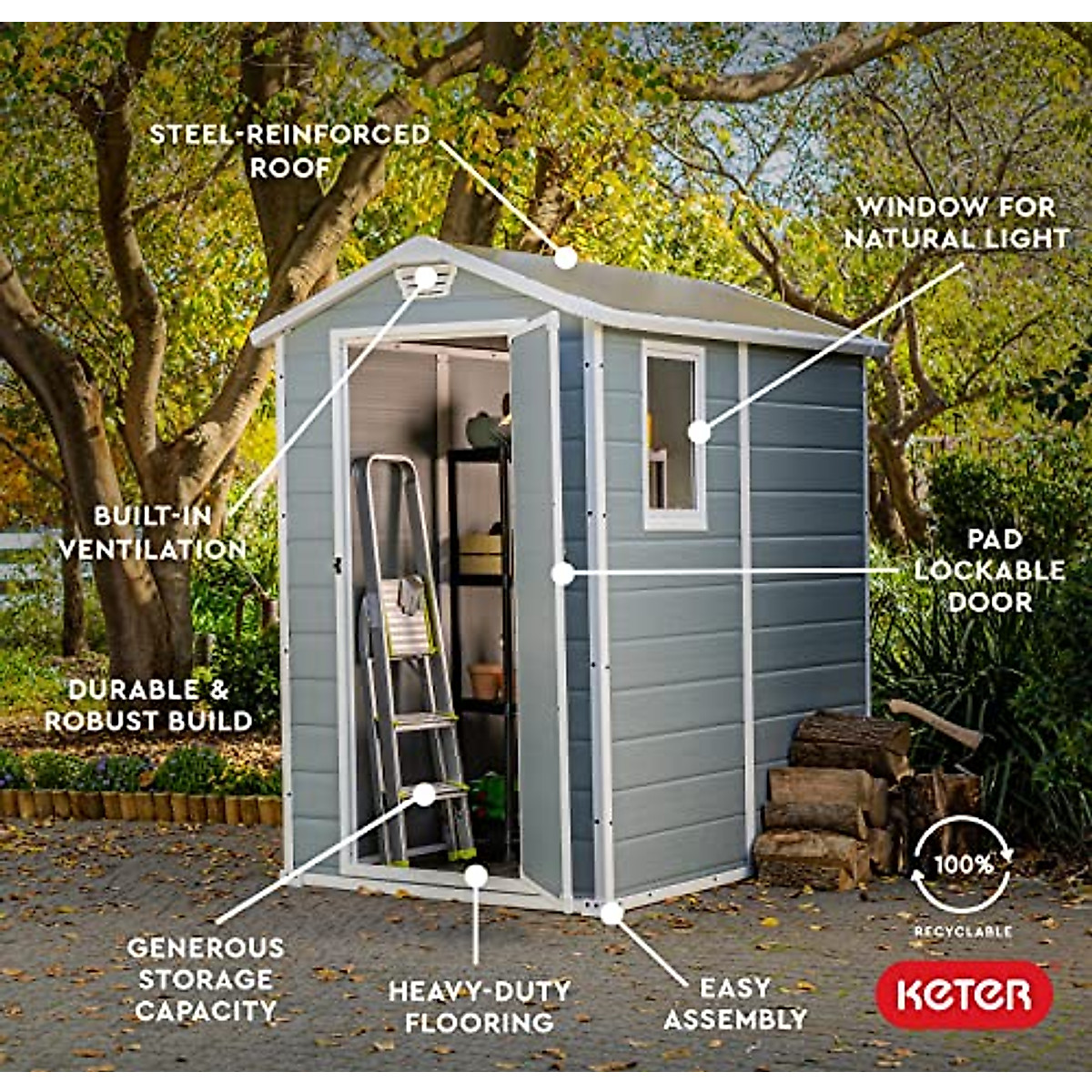 KETER Manor 4x6 Resin Outdoor Storage Shed Kit-Perfect to Store Patio Furniture, Garden Tools Bike Accessories, Beach Chairs and Lawn Mower, Grey & White