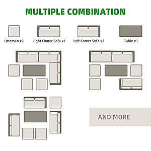 GAOMON 7 Piece Outdoor Sectional Sofa with Dining Table, Outdoor Sectional Dining Table Set, Outdoor Furniture with Wicker Rattan Dining Table with Ottoman, Beige