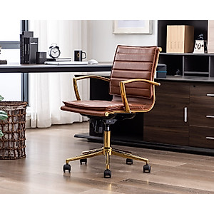 EALSON Modern Leather Office Chair Comfortable Home Office Desk Chair with Wheels and Arms Gold Base Conference Chair Ergonomic Computer Task Chair Adjustable Swivel Chair, Brown