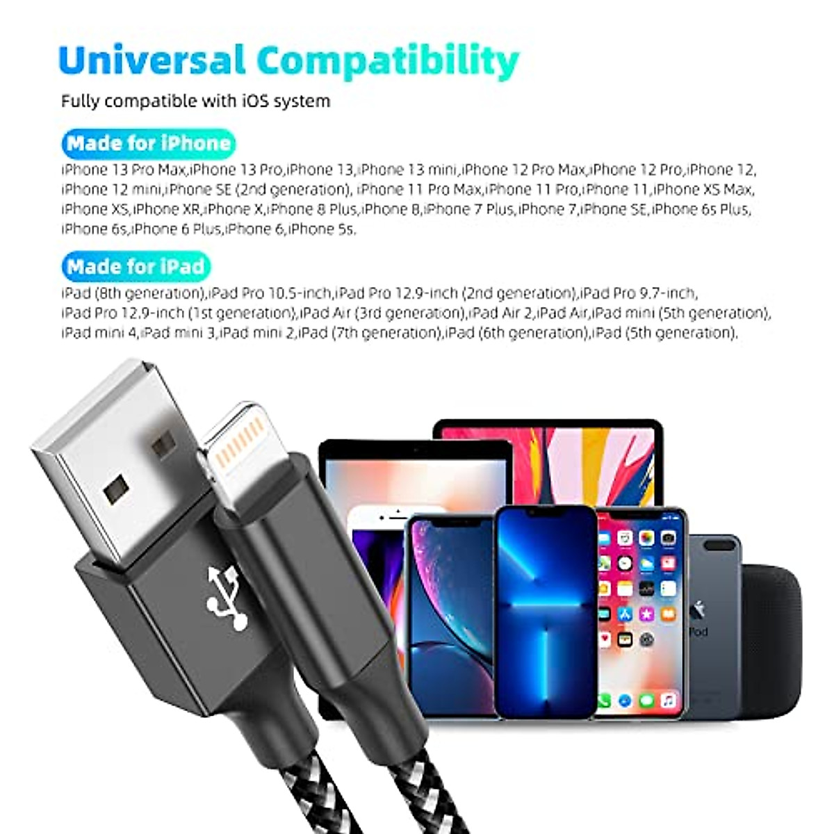 iPhone Charger [Apple MFi Certified] 3pack 10FT Long Lightning Cable Fast Charging High Speed Data Sync USB Cable Compatible iPhone 14/13/12/11 Pro Max/XS MAX/XR/XS/X/8/7 Plus and More(Black White)