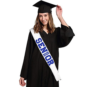 6Pcs White Senior 2025 Satin Sashes with Blue Glitter Letters Senior 2025 Decorations - 2025 Graduation Celebrations Sashes - Senior Cheer Sash - Cheerleader Sash - Class Competition Sashes