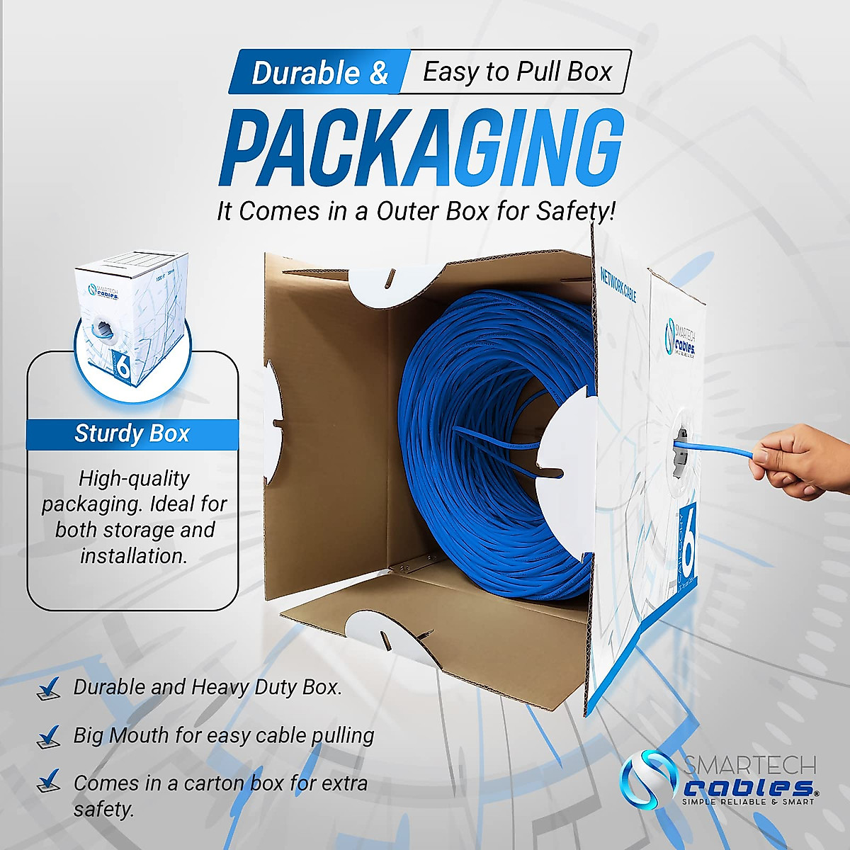 Smartech Cables CAT6 Plenum Cable 1000ft (CMP) | Bulk Ethernet Cable 1000ft | 23 AWG, 550MHz 4Pair UTP 10GB Internet Cable | Quality Tested Ideal for Networking & Stable Performance (Blue)