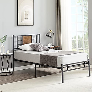 VECELO Twin Size Bed Frame with Wood Headborad, Mattress Foundation, Metal Platform with Steel Slats Support, No Box Spring Needed, Matte Black