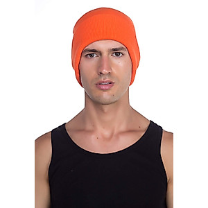 Top Level Unisex Cuffed Plain Skull Beanie Toboggan Knit Hat/Cap, Orange