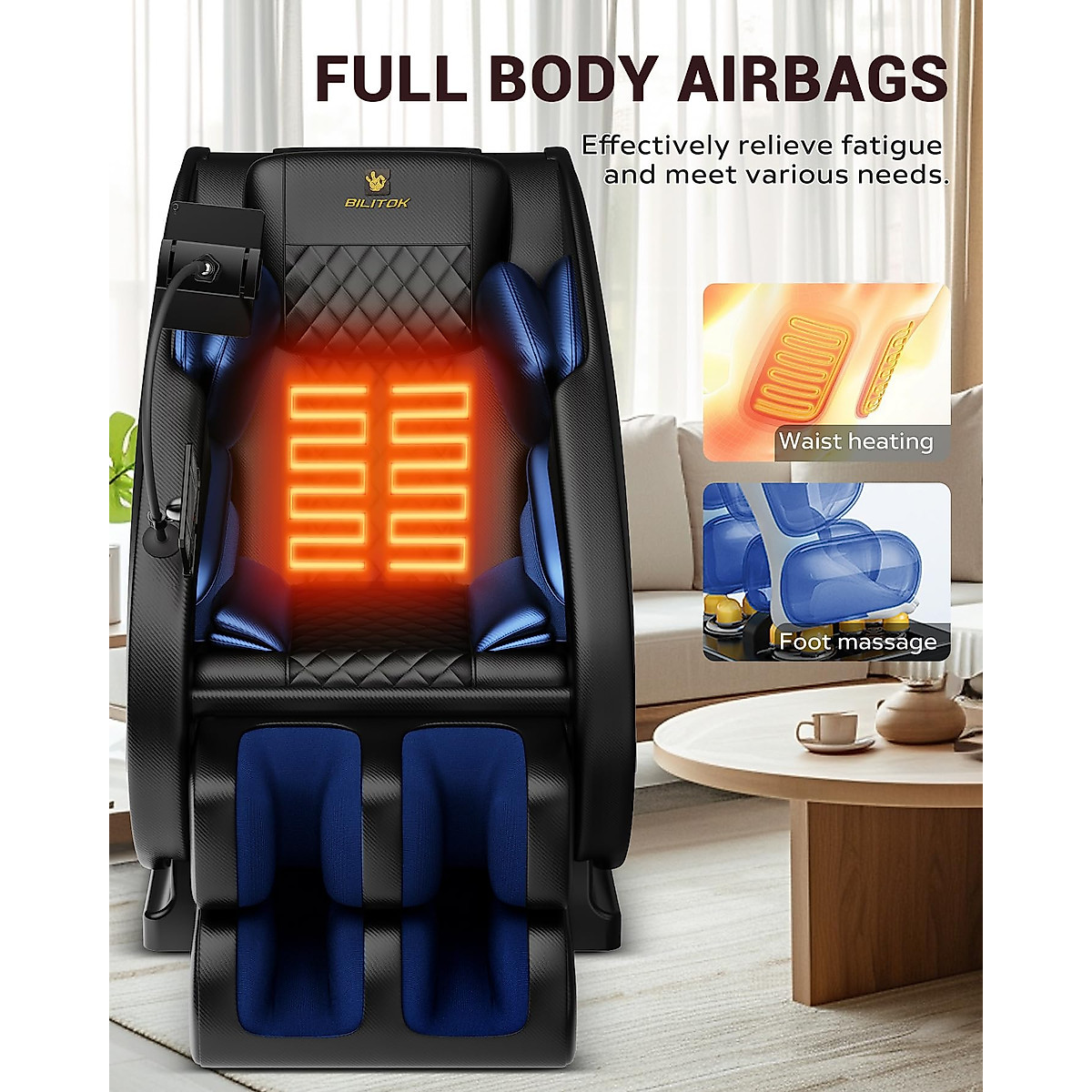 BILITOK Massage Chair Recliner with Zero Gravity, Full Body Massage Chair with Heating, Bluetooth Speaker, Airbags, Foot Roller, Touch Screen, Space-Saving for Office,Faux Leather (White)