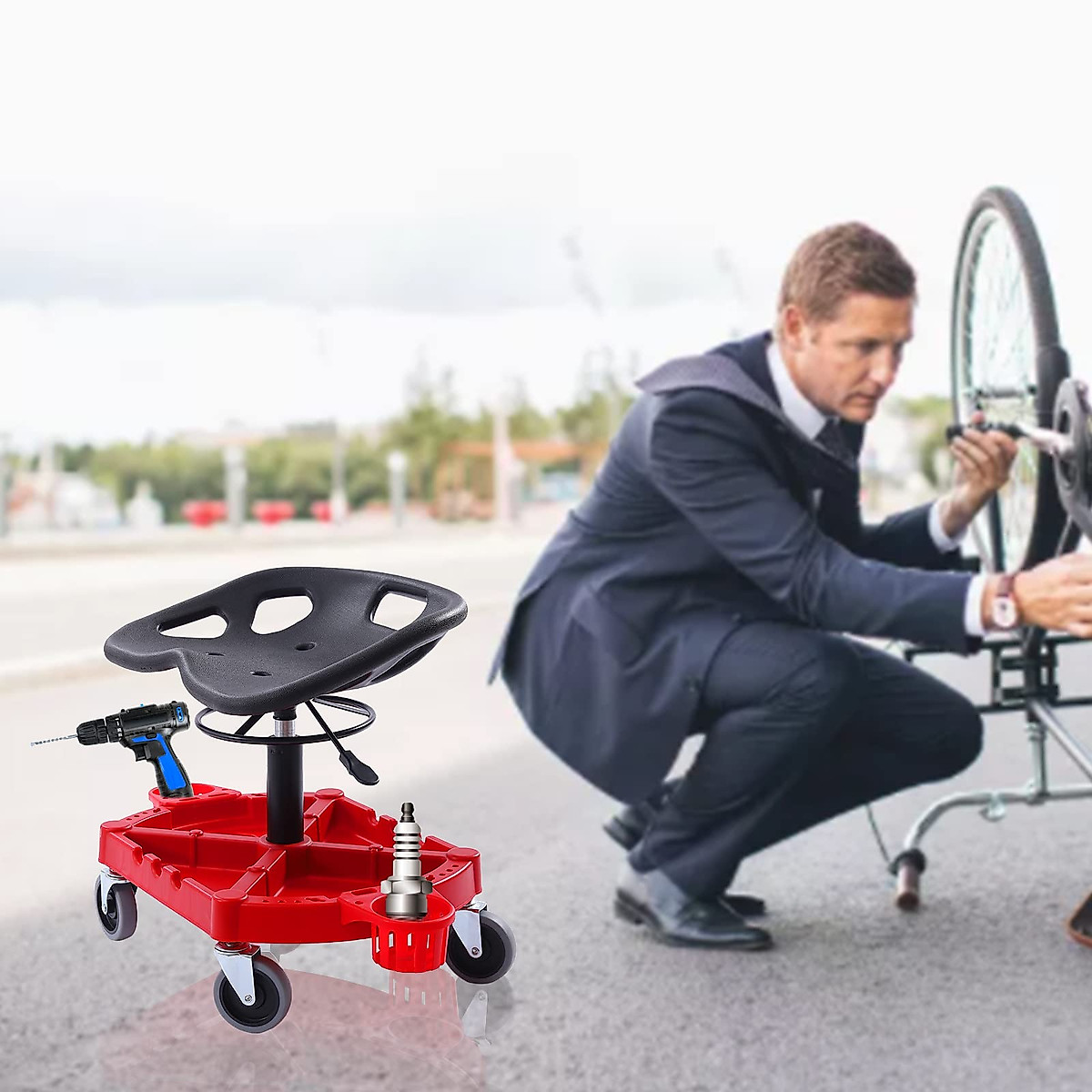 YIYIBYUS Mechanic Stool Chair with Wheels, Heavy Duty Garage Shop Stool On Wheels, Rolling Stool Car Detailing Creeper Seat with Tool Tray for Workshop, Auto Repair Shop and Home