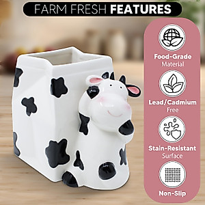 Cow Utensil Holder | Kitchen Crock Storage Gift | Kitchen Decor | Cow Print Theme La Vaca | Farmhouse Hoedown Decoration Holiday | Cute Cow Countertop Vase by Sixdrop