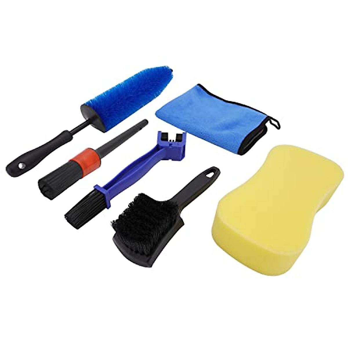 JFG RACING Bike & Motorcycle Cleaning Brush Kit 6 Pack,Detailing Kit,Stiff Tire Brush,Detailing Brush,Cleaning Sponge,Chain Brush,Microfiber Towel for Mudguard,Rims,Paint,Exhaust,Frame Clean, Blue