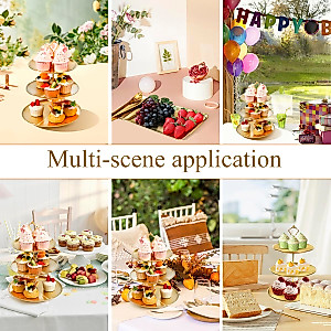 6PCS Gold Cupcake Stand Set, Stainless Steel Dessert Table Display Set, 2PCS 3-Tier Cake Stand, 2PCS Rectangle Serving Tray with Gold Serving Tongs, Candy Cupcake Tower for Wedding Birthday Party