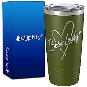 Boss Lady Big Heart Tumbler Birthday Gifts for Women, Coworker, Boss on Army Green 20 oz Stainless Steel Insulated Cup with Lid - Travel Mug for Mom