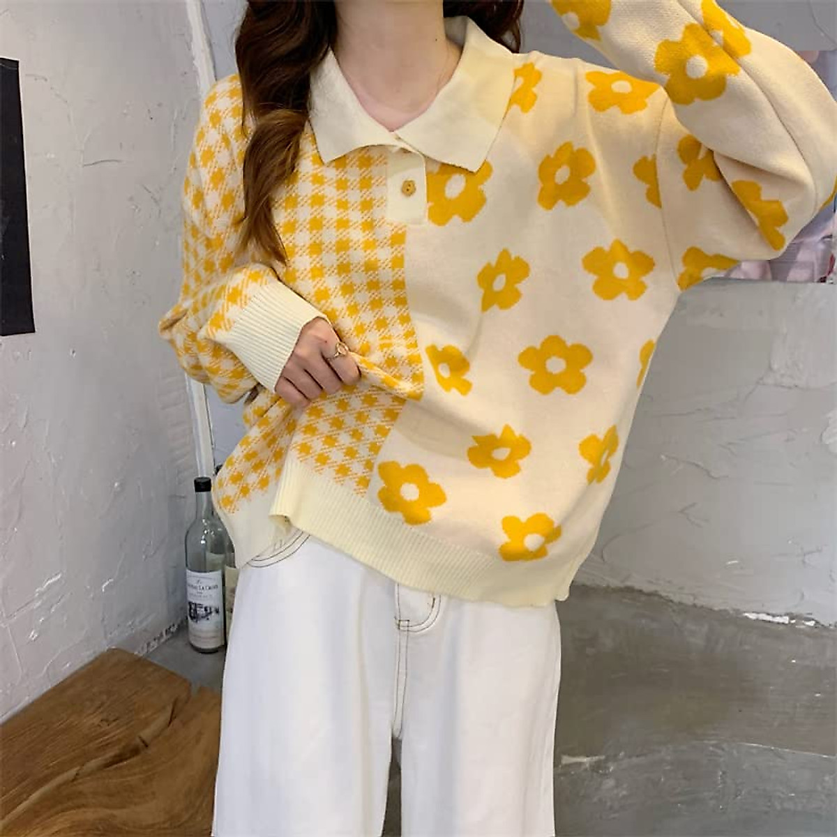 YEMOCILE Womens Kawaii Color Block Sweaters Cute Plaid Collared Pullover Jumper Sweatshirts Yellow