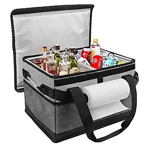 Feestars Large Grill Caddy with Lid and Paper Towel Holder for Picnic, Collapsible& Insulated BBQ Accessory Organizer, Easy Carry Griddle Caddy for Picnic/Barbecue Utensil/Camping/Tailgating