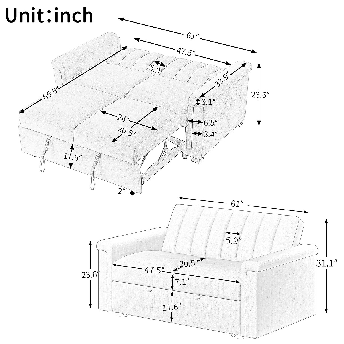 Amposei Convertible Loveseat Couch Small Sleeper Sofa with Pull-Out Bed for Small Spaces, Living Room, Apartment, Easy Assembly, Gray