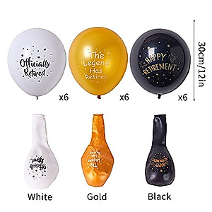 SUNBEAUTY 18 Pcs Happy Retirement Balloons With Pattern 12 Inch Black Gold and White Retirement Latex Balloons for Retirement Theme Party Decorations