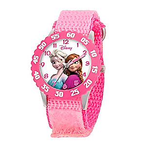 Disney Frozen Analog Watch, Time Teacher for Kids and Toddlers, Pink Bezel & Nylon Strap Watch