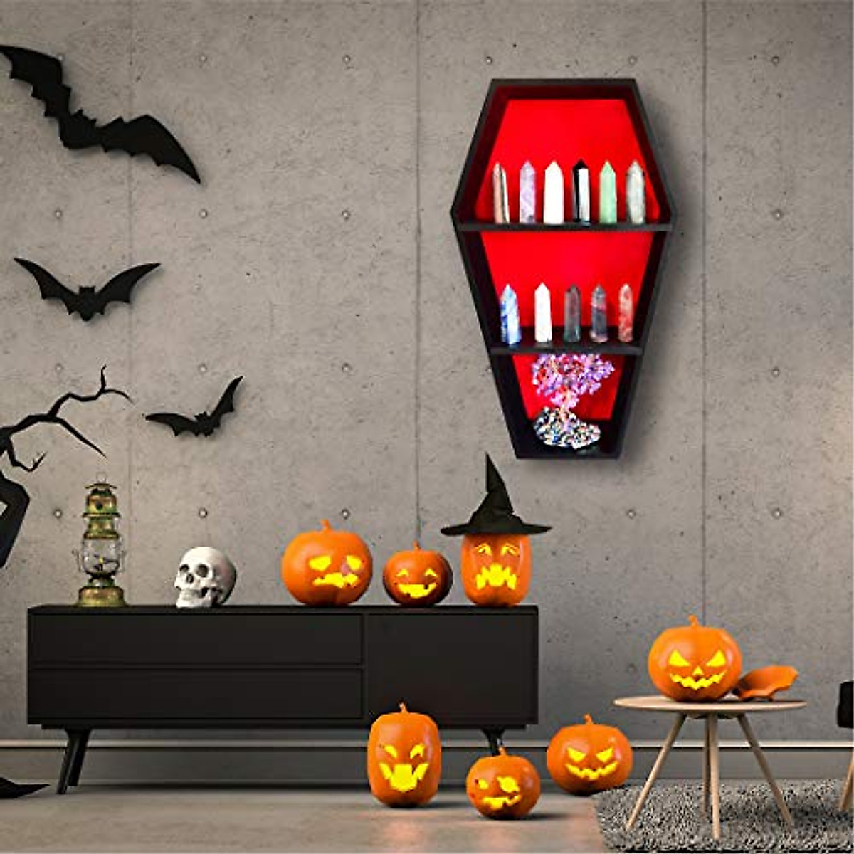 Gothic Life Coffin Shelf - Spooky Wooden Goth Decor for Home, Black Hanging Wooden Shelf for Wall or Table Top, Witchy Room Decor for Oddities and Curiosities, 50 Gothic Skull Witch Stickers Included