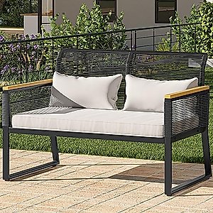 YITAHOME Patio Furniture Wicker Outdoor Loveseat, Rattan Conversation Loveseat for Backyard, Balcony and Deck with Wooden Armrest, Off-White Cushions (Black)
