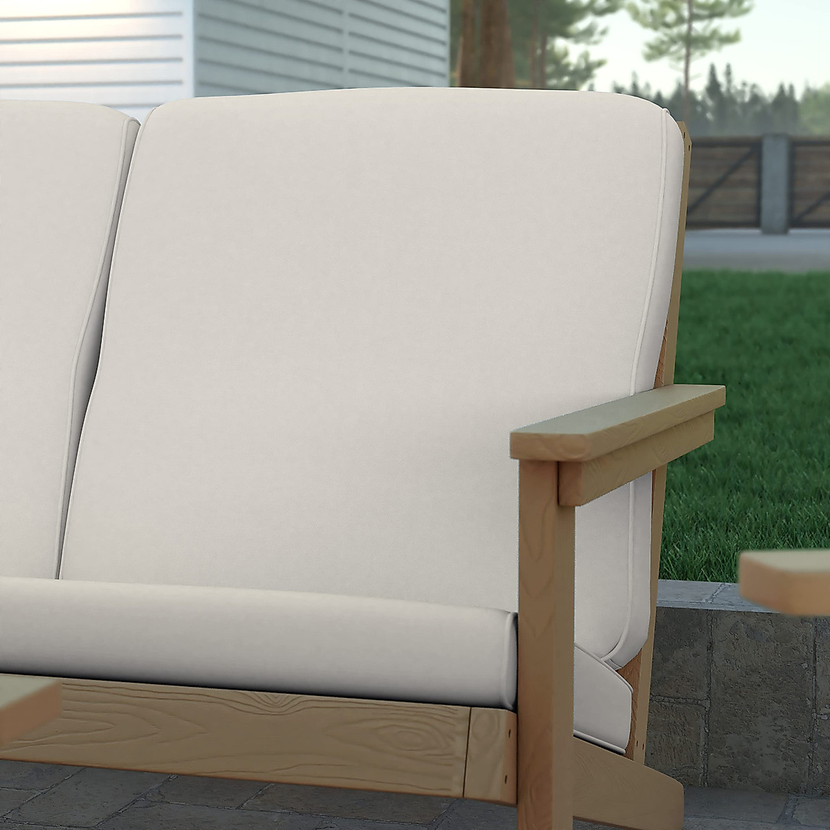 EMMA + OLIVER Hammond All-Weather Adirondack Style Loveseat - Natural Cedar Finish Polyresin Frame - Cream Cushions - Deep Seat - 300 lbs. Static Weight Per Seat