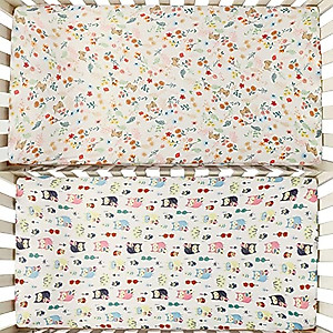 Pack n Play Fitted Sheets for Baby Girl 2 Pack Set Soft Jersey Knit Sheets for Mini Crib Mattress and Playard Mattress, Rabbit Floral and Owl Printing
