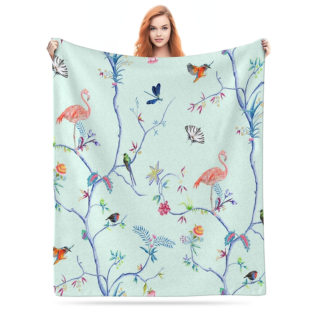 Super Soft Flannel Blanket with Flower-and-Bird Pattern on Branches 50 X 40 Inch Comfortable and Light Blanket is Suitable for Sofa Decoration Travel.