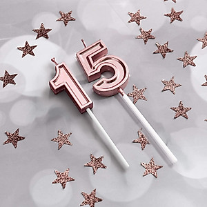 15th Birthday Cake Decorations Set Include 15th Birthday Candles Numeral 15 Cake Candles and Happy 15th Birthday Cake Toppers with Heart Star Cupcake Picks for Birthday Party (Rose Gold Series)