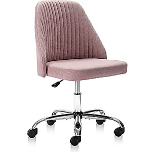 HOMEFLA Home Office Modern Linen Swivel Task Upholstered Fabric Desk Chair Armless with Wheels, Middle, Pink