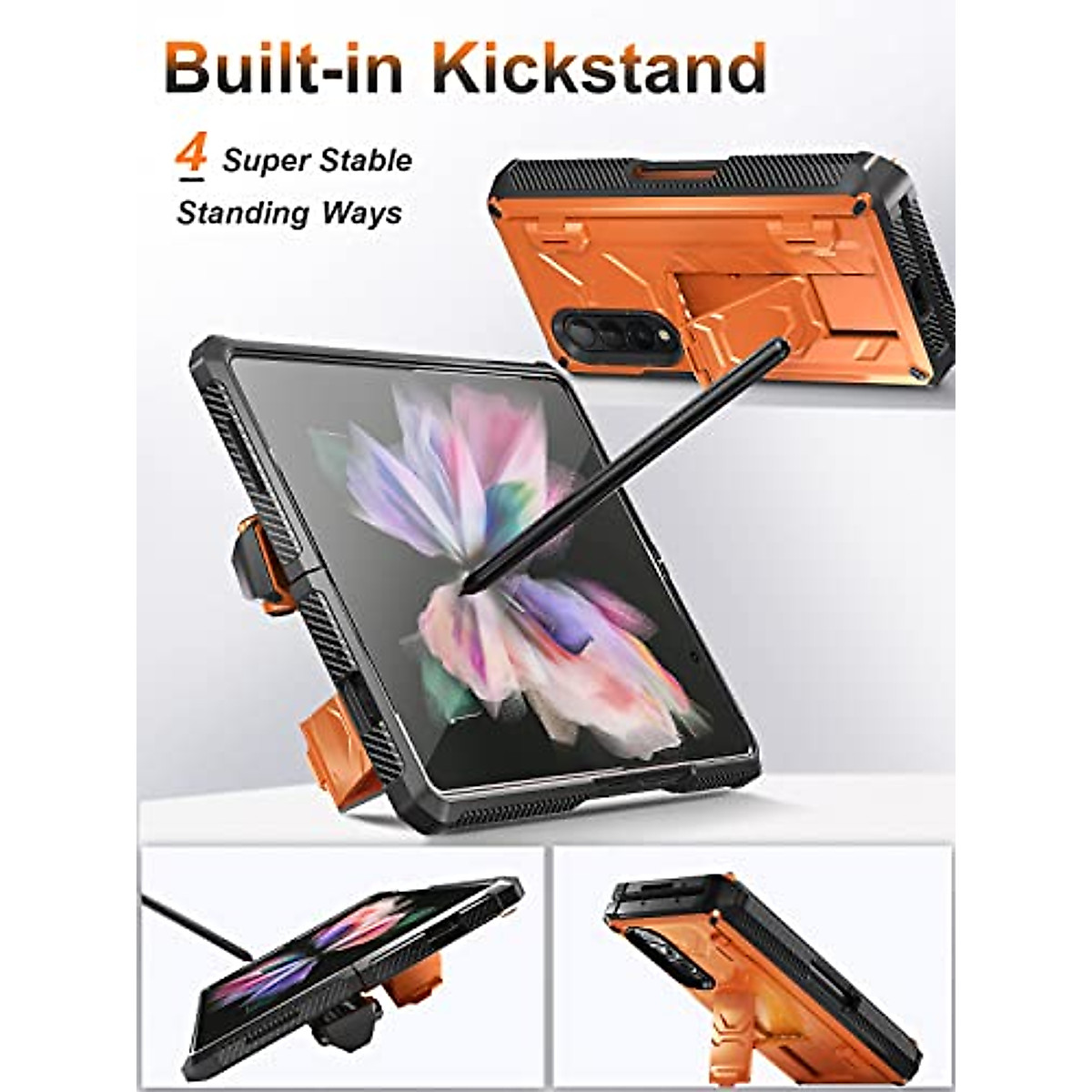 BXYJY for Samsung Galaxy Z Fold 3 Case with S Pen Holder, Built-in Kickstand/HD Screen Protector/Camera & Hinge Protection, 360° Protection Phone Case Cover for Samsung Galaxy Z Fold 3 5g (Orange)