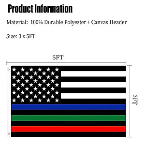 Embroidery Thin Red Blue Green Line Flag 3x5 Outdoor- Police Firefighter Military Flags Heavy Duty Vivid Colors UV Protection Double Stitched 210D Polyester with 2 Grommets