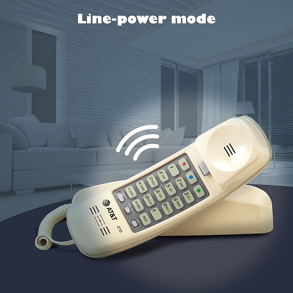 AT&T TRIMLINE 210 Corded Home Phone, No AC Power Required, Improved Easy-Wall-Mount, Lighted Big Button Keypad, 13 SpeedDial Keys, Last Number Redial, Mute, Flash, Volume Control, Beige