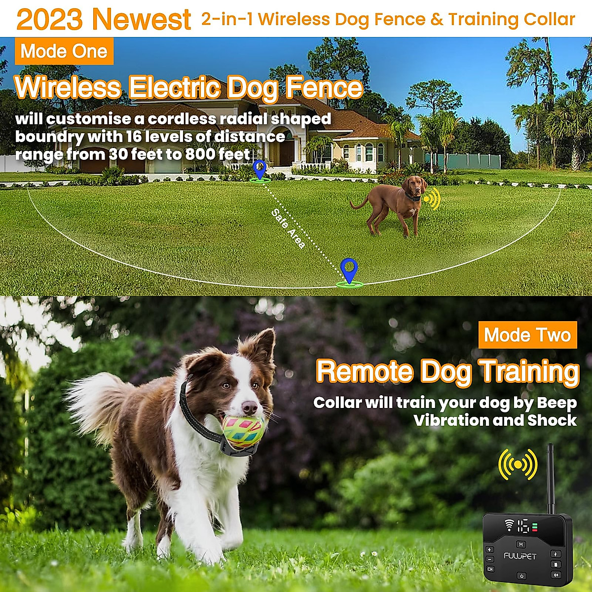 FULUPET Electric Fence for Dogs, 2-in-1 Wireless Dog Fence, Wireless Pet Containment System with Rechargeable Waterproof Training Collar, Electric Dog Collar Fence Wireless for Dogs