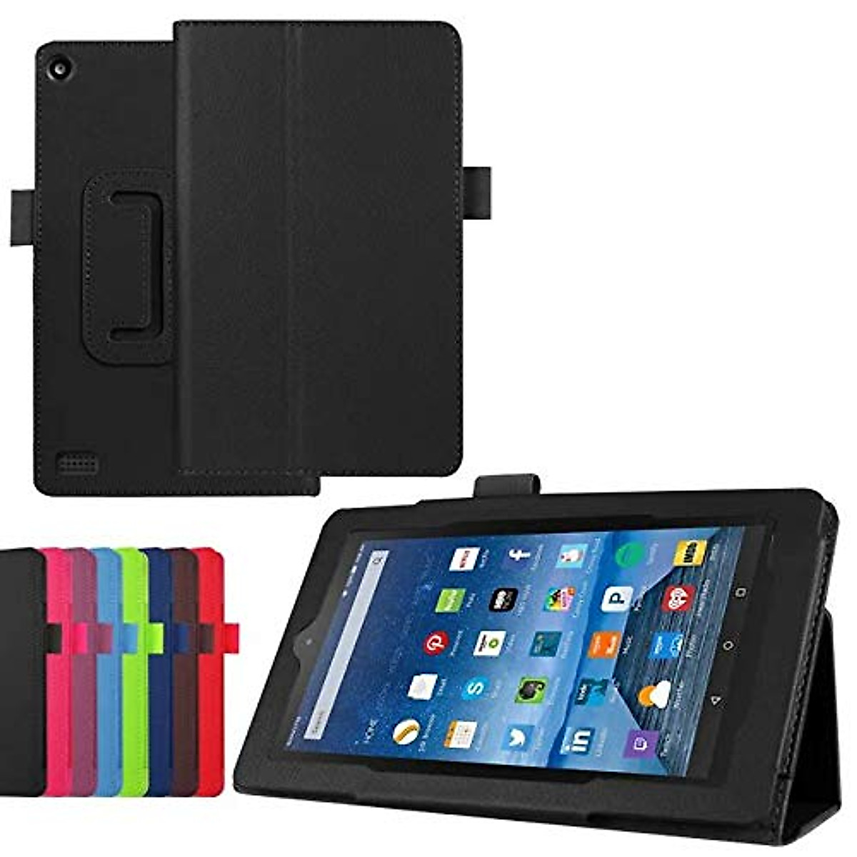 Luxury Folio Stand PU Leather Case Cover For Amazon Kindle New Fire 7 2019 2017 SR043KL 2015 HD7 SV98LN 7" (5th 7th 9th Generation, 2015 2017 2019 Release) (Black)