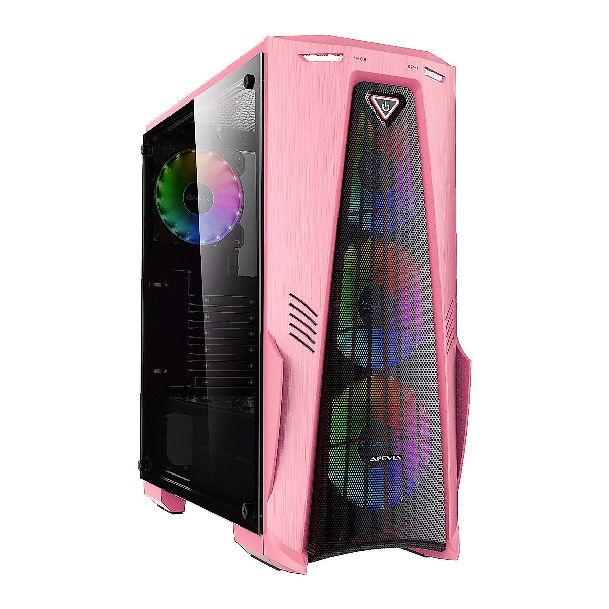 Apevia Crusader-F-PK Mid Tower Gaming Case with 1 x Full-Size Tempered Glass Panel, Top USB3.0/USB2.0/Audio Ports, 4 x RGB Fans, Pink Frame