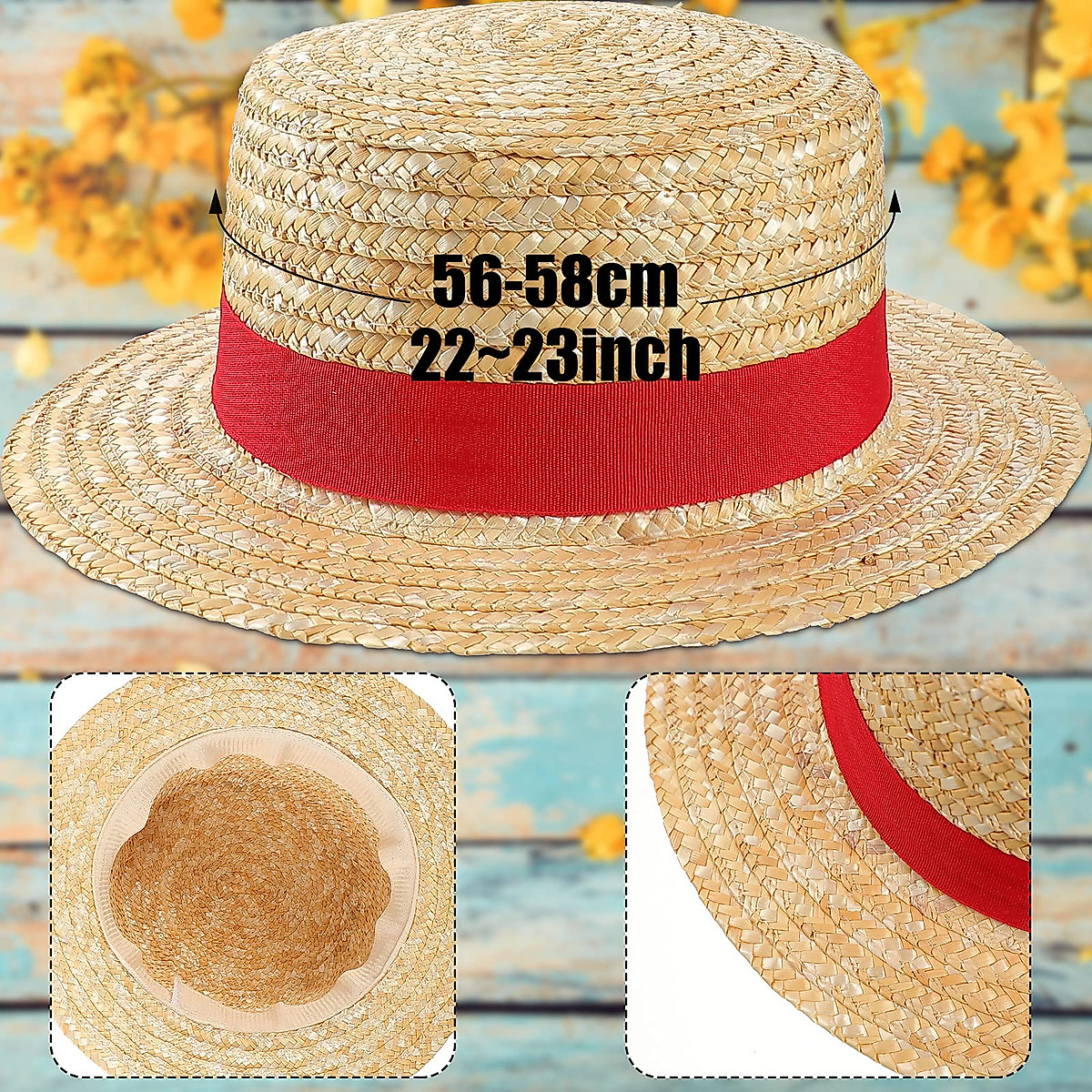 Geyoga Boater Hat, Straw Skimmer Hat, Wide Brim Boater Hat for Summer, 1920s Costume Accessories for Men and Women, Yellow