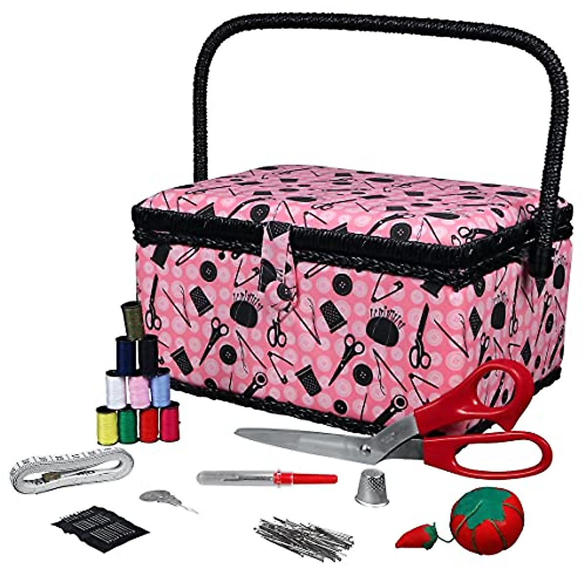 SINGER 07276 Sewing Basket with Sewing Kit Accessories, Pink & Black