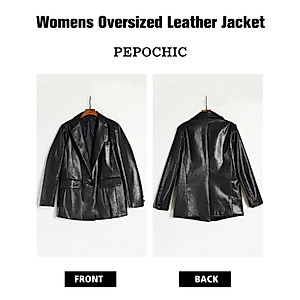Pepochic Womens Oversized Leather Jacket Long Sleeve Faux Leather Blazer Lapel Button Down Leather Shacket Coat with Pockets
