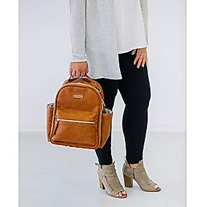 Itzy Ritzy Mini Diaper Bag Backpack - Chic Mini Diaper Bag Backpack with Vegan Leather Changing Pad, 8 Total Pockets (4 Internal and 4 External), Grab-Top Handle and Rubber Feet, Cognac