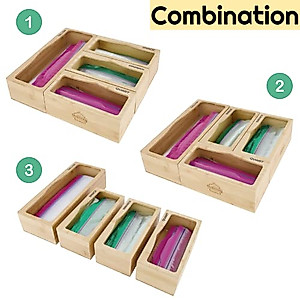 Rowoony - Ziplock Bag Storage Organizer for Kitchen Drawer - Bamboo Kitchen Organizer - Baggie Holder - Gallon, Quart, Sandwich and Snack Size (4Pack)