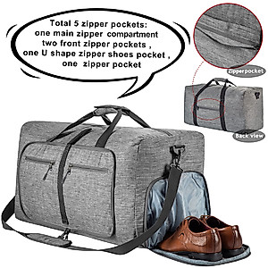 Travel Duffle Bag for Men, 65L Foldable Travel Duffel Bag with Shoes Compartment Overnight Bag for Men Women Waterproof & Tear Resistant (Gray)