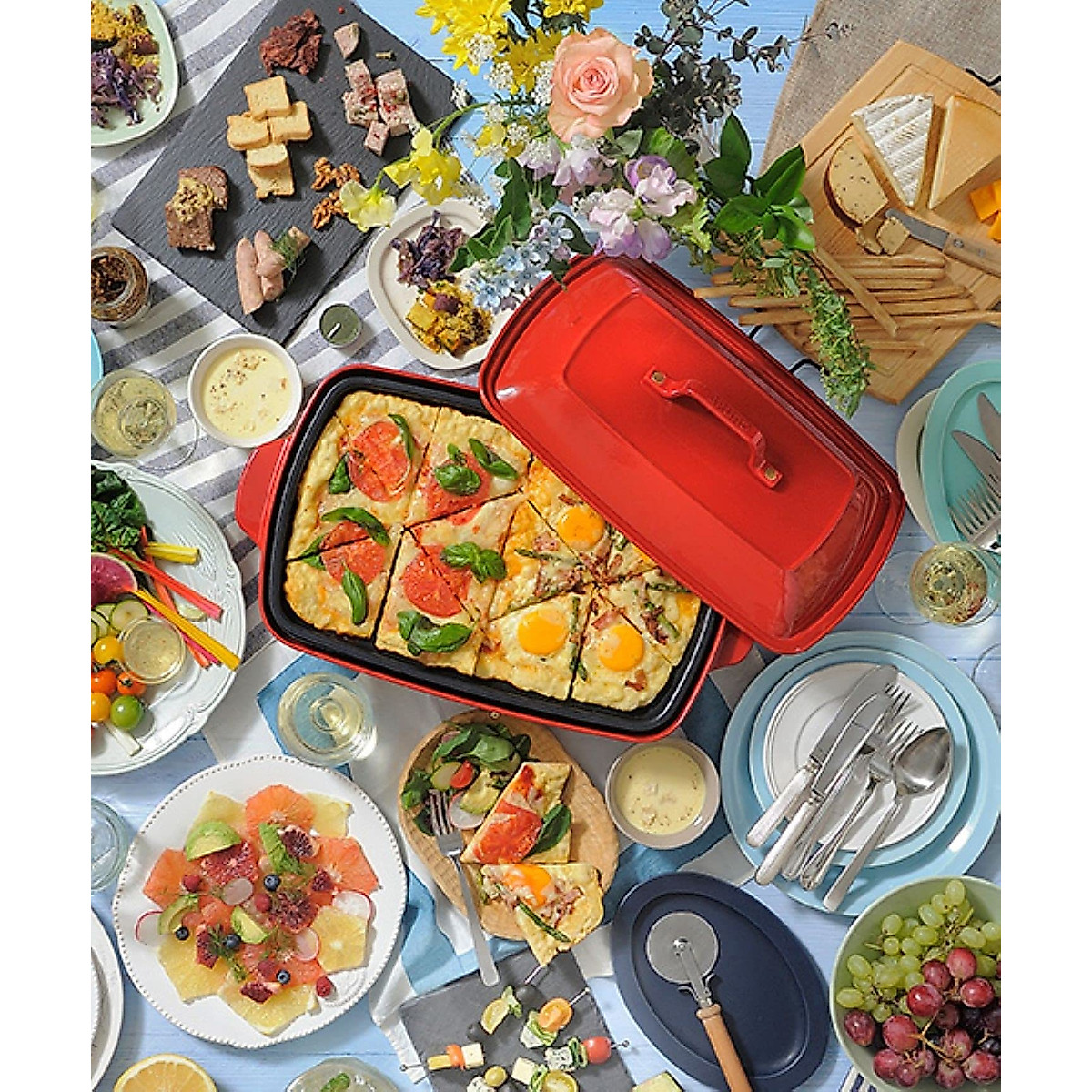 BRUNO Hot Plate Grande Size + Ceramic Coat Partition Pot + Grande For The Grill Plate + Grande Recipe Book 4-Piece Set Red