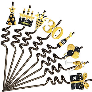 24 PCS 30th Birthday Party Decorations Straw Decor Plastic Reusable Glitter Straws for 30th Birthday Party Decor Cut-Out Number 30 Party Decorative Supplies for Women Men with 2 Brush