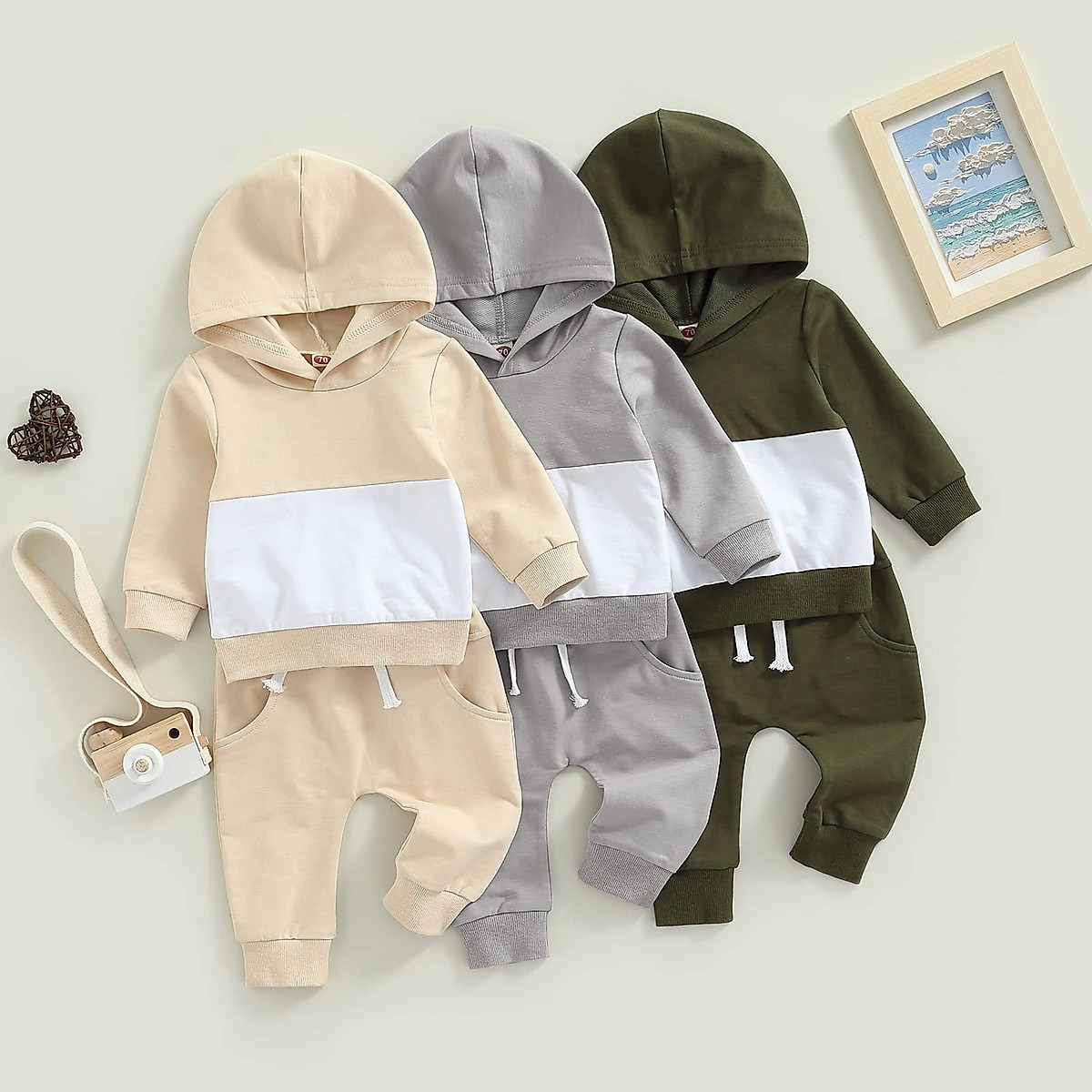 Karesoull Toddler Boy Clothes Patchwork Sweatshirts Long Sleeve Tops Solid Pants Outfit Fall Winter Baby Boy Hooded Clothe Set