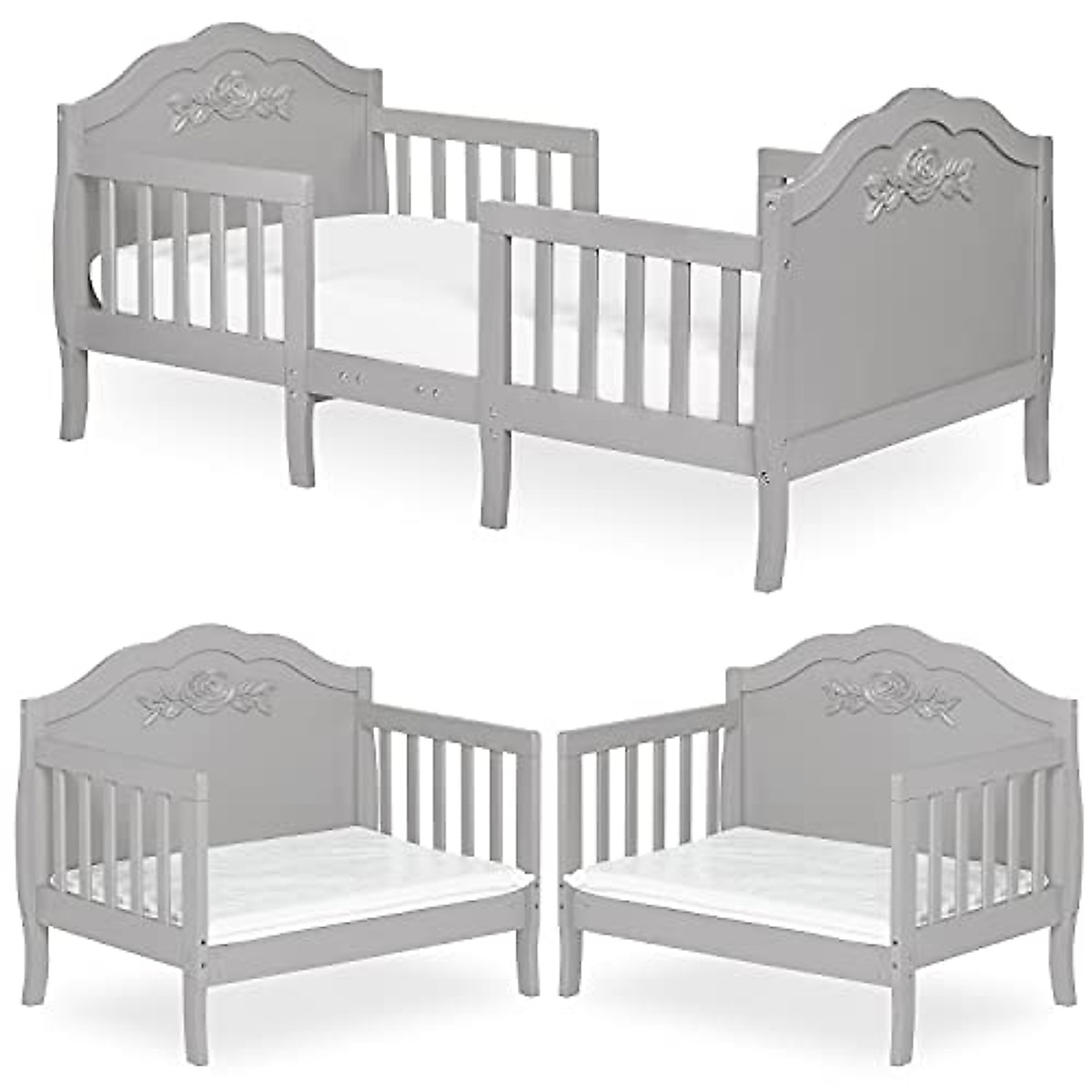 SweetPea Baby Rose 3-in-1 Convertible Toddler Bed in Platinum, Greenguard Gold Certified, JPMA Certified, Safety Rails, Made of Sustainable New Zealand Pinewood