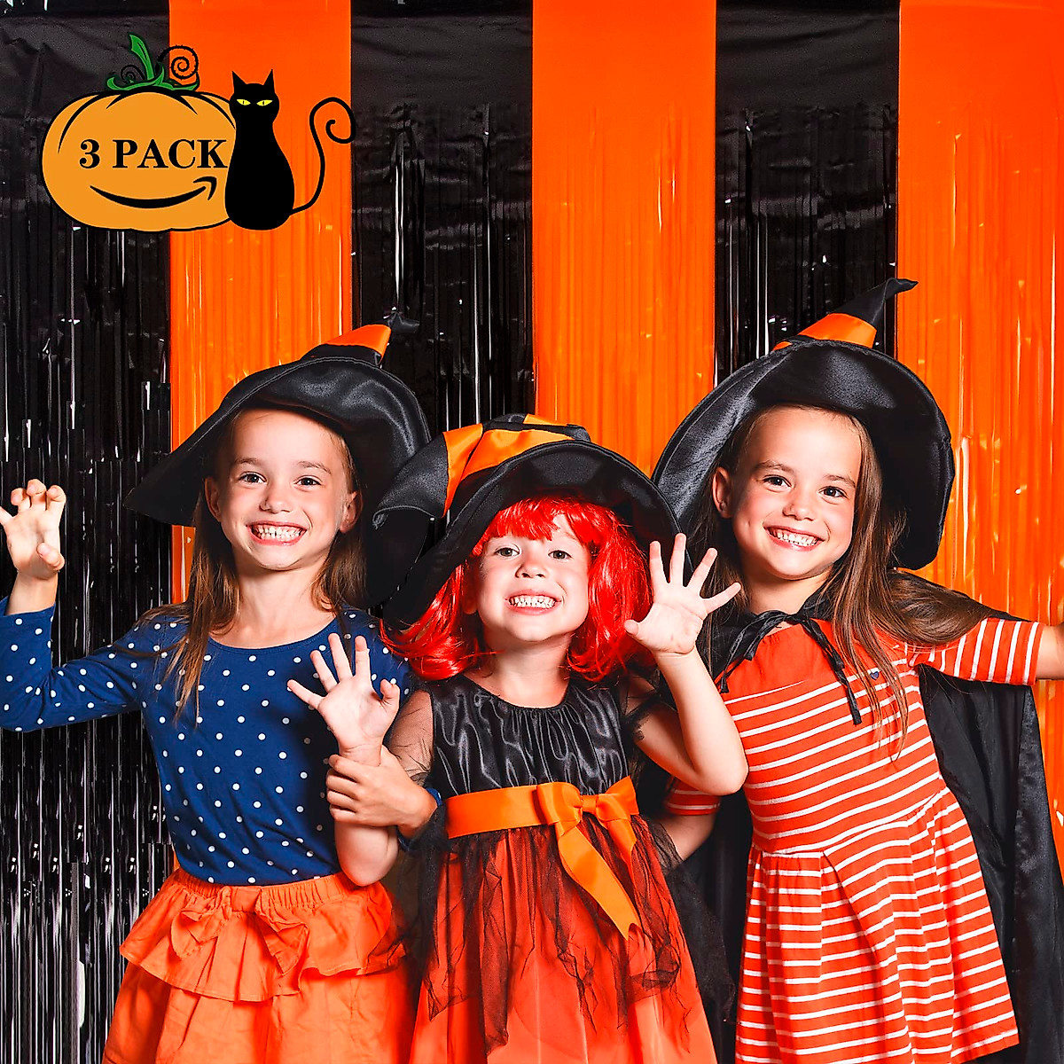 LOLStar 3 Pack Orange Black Photo Booth Props 3.3 X 6.6 ft Halloween Foil Fringe Curtains Halloween Party Photo Backdrop Streamers Backdrop for Birthday Anniversary Party Halloween Party Decoration