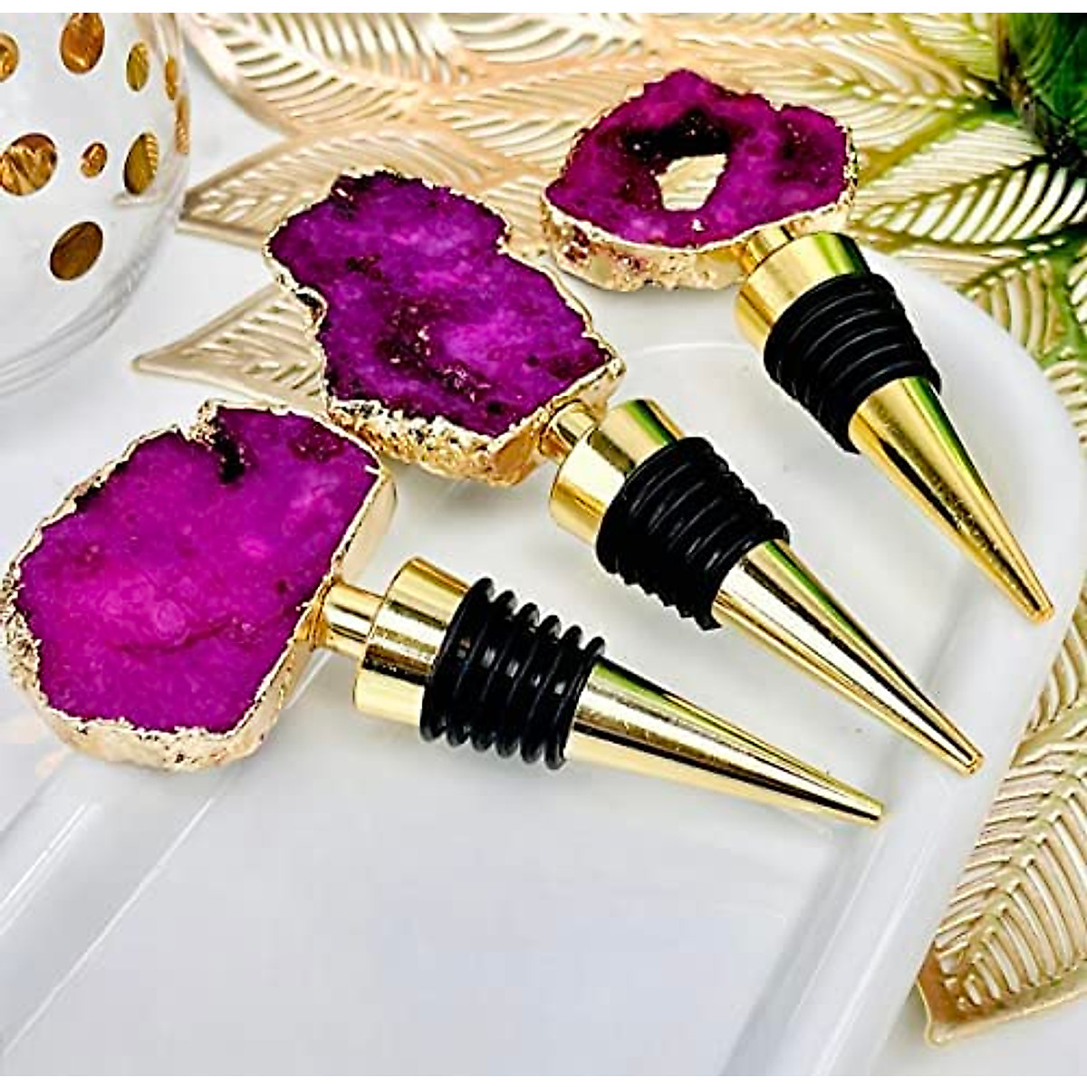 LUXE CRYSTAL CO. Handcrafted Purple Magenta Pink Agate Druzy Gold Natural Crystal Wine Champagne Stopper Handmade Bottle Barware Housewarming Bridal Shower (Pink)