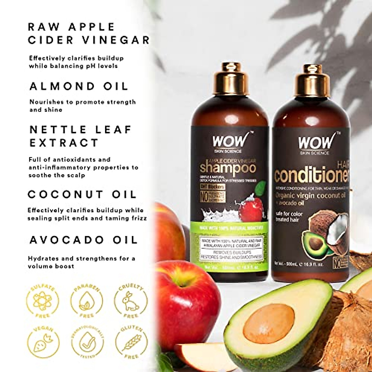 Wow Skin Science Apple Cider Vinegar Shampoo & Conditioner Set with Coconut & Avocado Oil - Men and Women Gentle Shampoo Set - Hair Growth Shampoo for Thinning Hair & Loss - Sulfate & Paraben Free